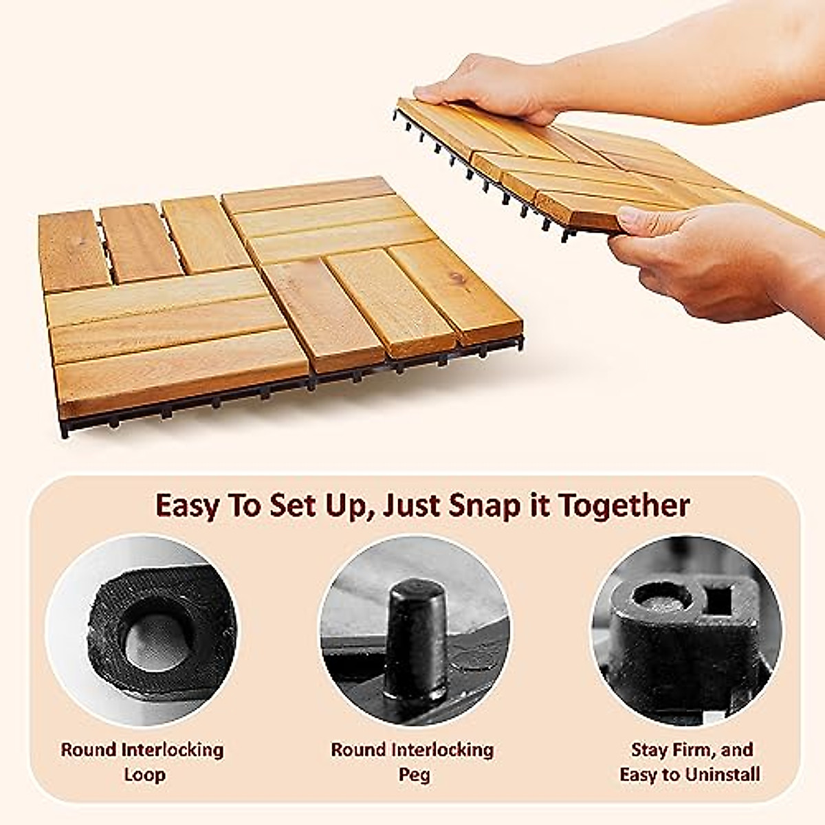 Cloverholm 10 Pcs Acacia Wood Deck Tiles - Waterproof, 12' x 12', Patio Tiles for Indoor & Outdoor, Garden, Roof Terrace - Checker Pattern (Natural-12S-9P)