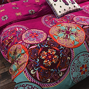 DasyFly 4PCS Bohemian Bedding Lightweight Microfiber Boho Duvet Cover Set Full Queen Size Rose Red Floral Bedding Mandala Duvet Cover with Zipper