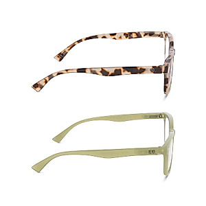 Rae Dunn "JUDY Blue Light Blocking Reading Glasses - 2 Pack w/READ MORE Signature Font Hard Case (Milky Tort/Milky Kiwi, 1.5)
