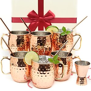 Kitchen Science [Gift Set] Moscow Mule Mugs, Stainless Steel Lined Copper Moscow Mule Cups Set of 6 (18oz) w/Straws, Jigger, Spoon & Brush | Tarnish-Resistant Stainless Steel Interior