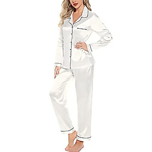 Leikar Silk Satin Pajamas Long Sleeve Pajama Sets For Women Soft Bride Pajamas Sleepwear White