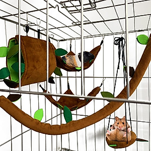 MUYG Hamster Hammock,Small Animal Hanging Hideout Tunnel Sleeping Set Plush Swing Warm Bed House Cage Nest Accessories for Sugar Glider,Squirrel,Brown(5 Pcs)