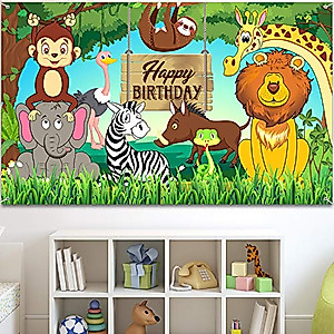 Jungle Animal Theme Backdrop for Birthday Party, Large Fabric Safari Animal Elements Printed Happy Birthday Backdrop Funny Cartoon Forest Background for Birthday Party Decorations, 6 x 3.6 ft