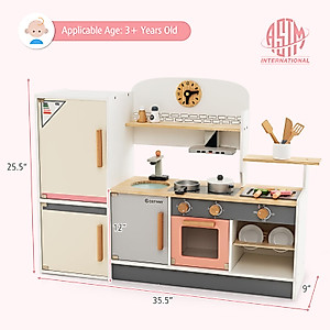 HONEY JOY Kids Kitchen Playset, 3-in-1 Wooden Play Kitchen for Toddlers & Refrigerator & Barbecue Grill Set, Range Hood, Bowl Rack, Little Chef Pretend Toy Kitchen Set, Gift for Boys Girls, Natural