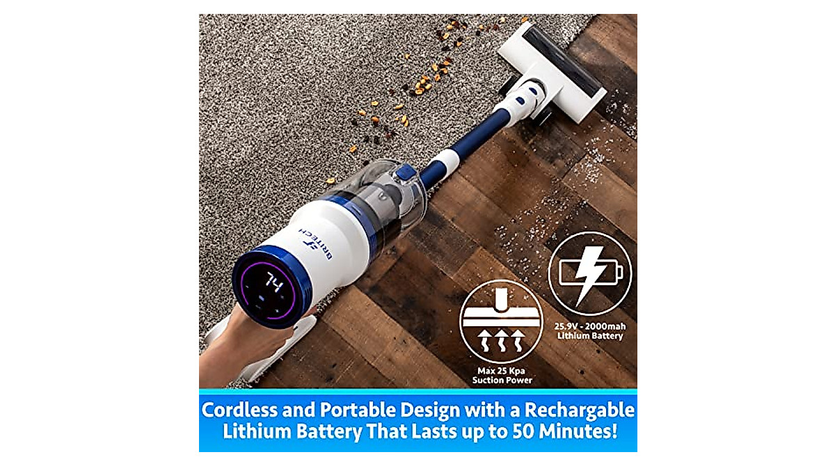 BRITECH Cordless Stick Vacuum - Powerful 300W, 50min Runtime & HEPA ...