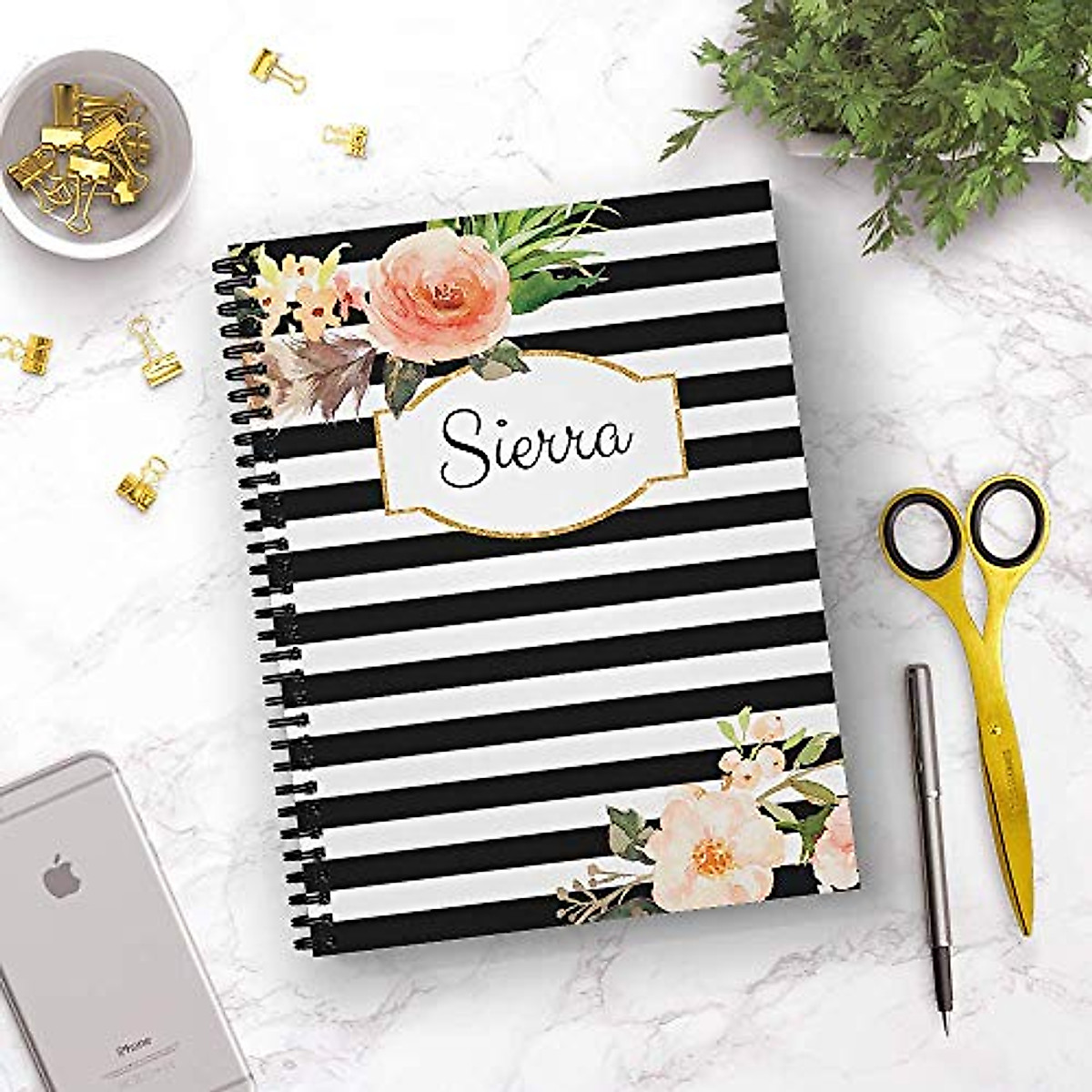 Classic Floral Personalized Notebook/Journal, Laminated Soft Cover, 120 pages of your selected paper, lay flat wire-o spiral. Size: 8.5” x 11”. Made in the USA