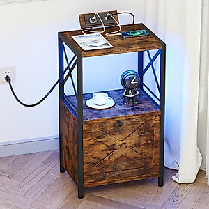 Homeiju Nightstand with Charging Station and LED Light, End Table with Large Drawers and Open Shelf, Side Table with USB Ports and Outlets, Bed Stand End Table for Bedroom, Rustic Brown