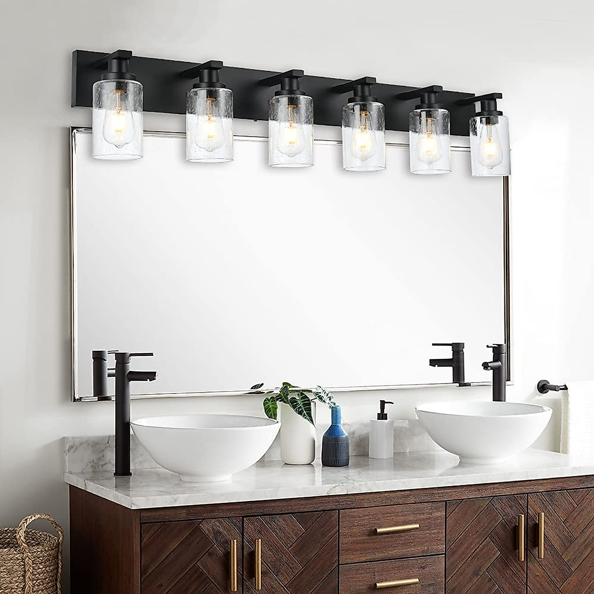 WINSHEN Modern Bathroom Vanity Light 6-Light Lamp in Black, Farmhouse Wall Light Fixture with Seeded Glass Shades Indoor Wall Lamp
