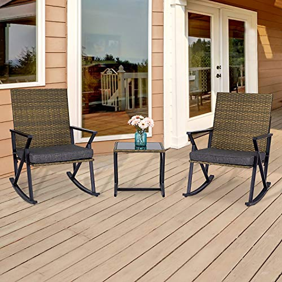 kinbor Outdoor Rocking Chairs, Rocking Patio Furniture 2 Chairs and Table, Outdoor Bistro Set for Patio Porch Backyard Deck Pool Balcony