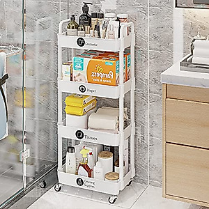 UDEAR 4-Tier Rolling Utility Cart with 12 Category Labels,Multifunctional Storage Shelves with Handle and Lockable Wheels for Room,Office,Kitchen,Bathroom,White
