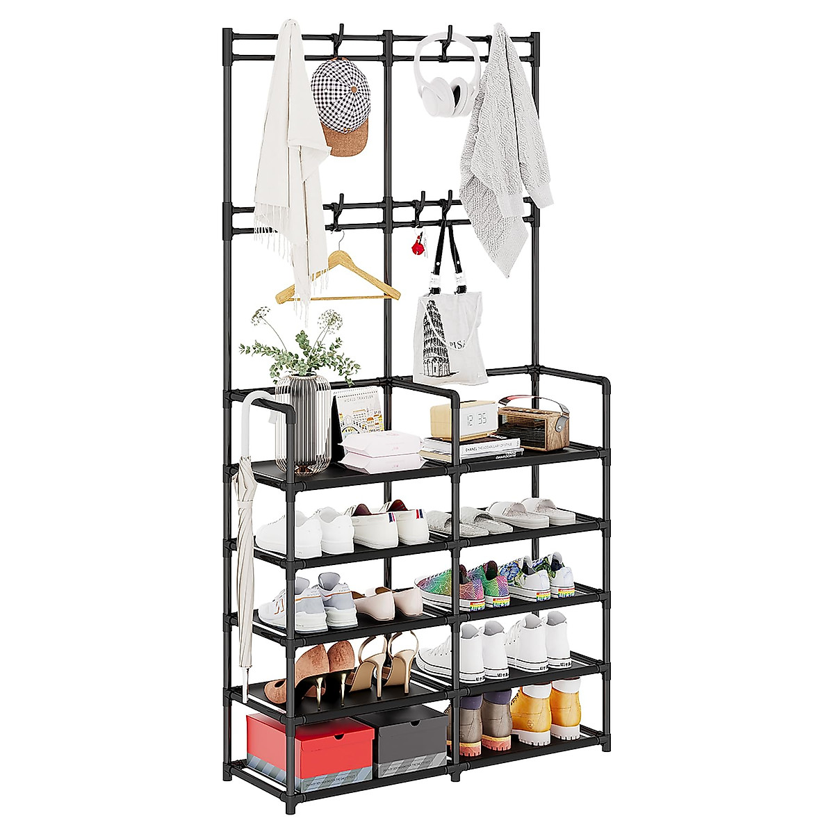 UDEAR 5-Tier Coat and Shoe Rack, Entryway Coat Rack with 8 Hooks, Double Row Shoes Organizer for Living Room, Bedroom, Office, Black