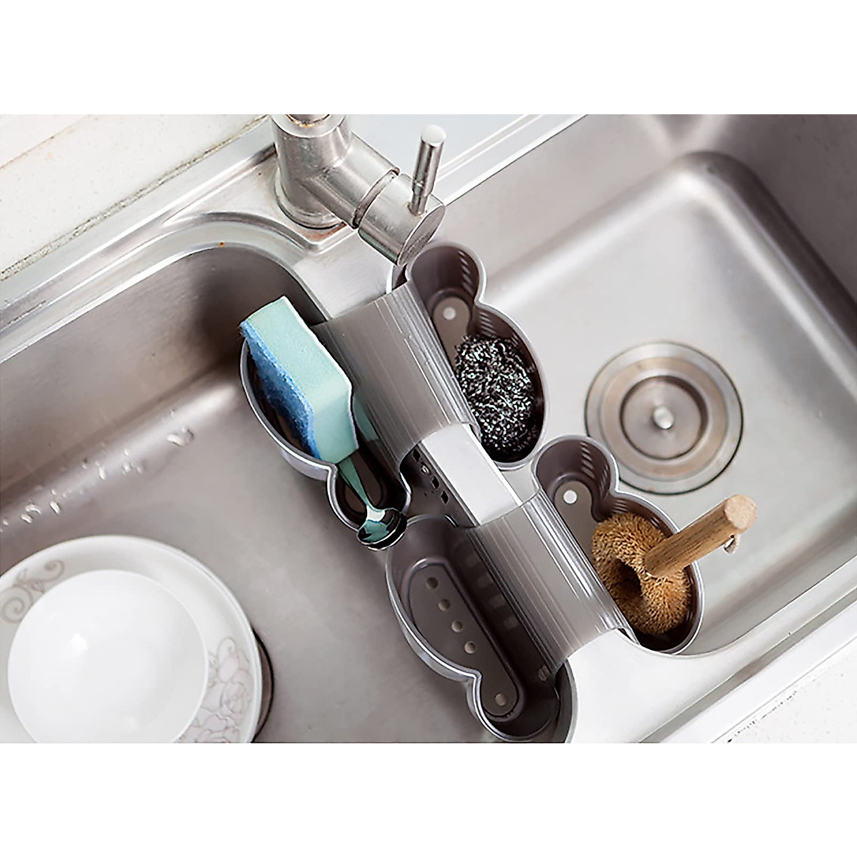 Sink Caddy Sponge Holder, Kitchen Sink Saddle Protector Caddy, Over the Sink Sponge Holder, Faucet Caddy Kitchen Organizer (1 Pack, Gray)