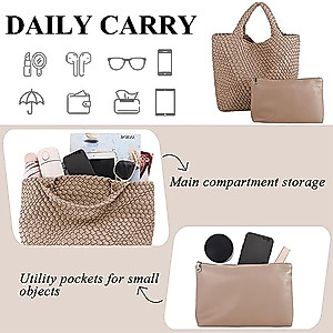 Women Vegan Leather Woven Bag, Tote Handbag Large Capacity Shoulder Top-handle Bag Underarm Bag with Purse