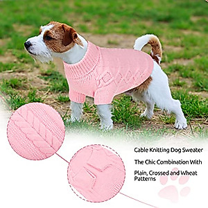 Queenmore Dog Turtleneck Sweater, Classic Cable Knit Cold Weather Thick Sweater for Small Medium Dogs (Pink, S)