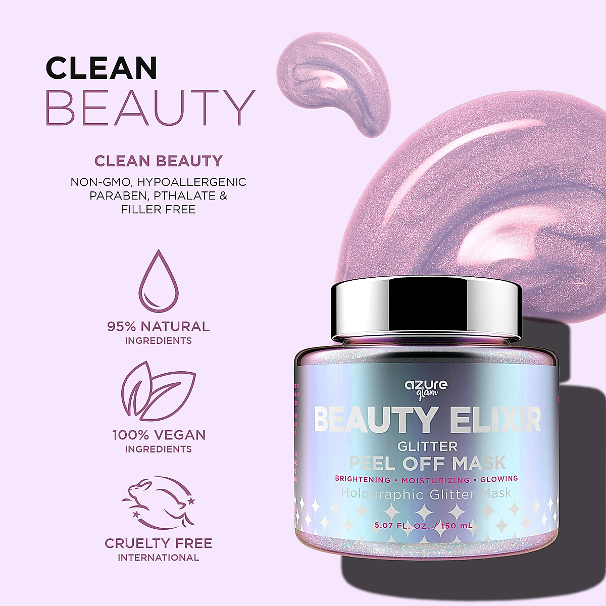 AZURE Beauty Elixir Holographic Peel Off Moisturizing Face Mask - Reduces Wrinkles, Fine Lines & Acne Scars | Removes Blackheads & Dirt and Oil | Repairs Uneven Skin Tone - 150mL / 5.07 fl.oz.