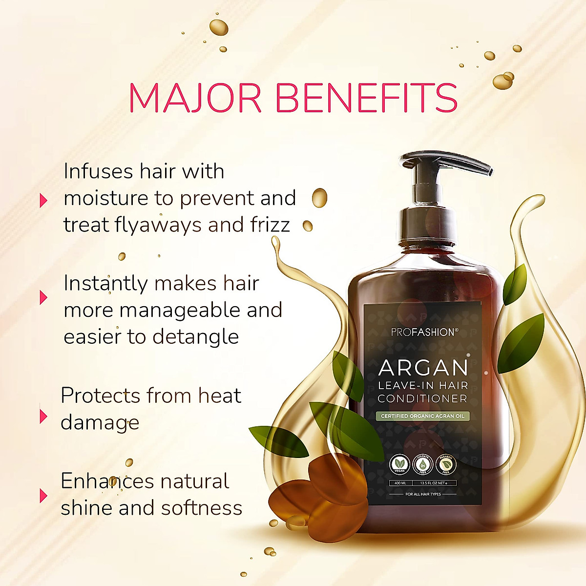 Profashion Argan Oil Leave In Conditioner For Curly Hair - Deep Conditioner For Dry Damaged Hair - Deep Conditioner For Curly Hair - Vegan, Paraben Free, Sulfate Free Conditioner - 400ML/13.5 FL OZ