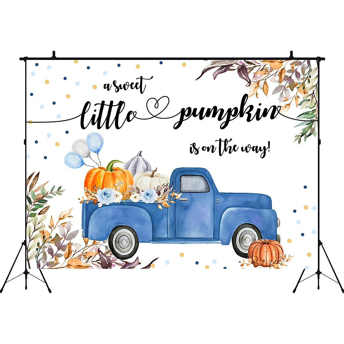 Aperturee Little Pumpkin Baby Shower Backdrop 5x3ft A Little Sweet Pumpkin is On The Way Blue Truck Leaves Balloons It's a Boy Photography Background Fall Autumn Party Decorations Banner Photo Booth…