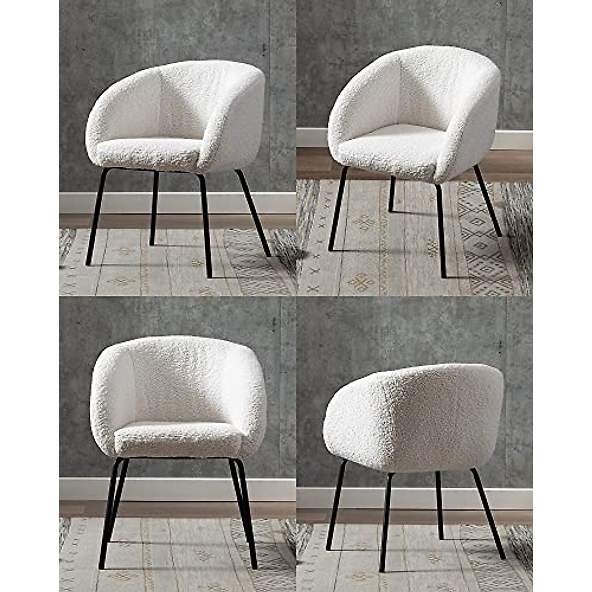 DUOMAY Modern Faux Fur White Barrel Dining Chair, Upholstered Accent Side Chair Makeup Vanity Chair with Back Living Room Leisure Chair with Black Metal Legs for Bedroom Dining Room