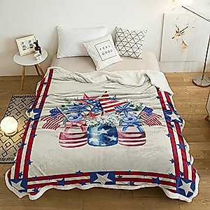 LEOKOTI 4th of July Spring Floral Ultra Warm Sherpa Blankets Throw, Red Stripes Star Independence Day Durable Double-Side Fluffy Baby Throw Blanket for All Seasons Throw Size 50" x 60"