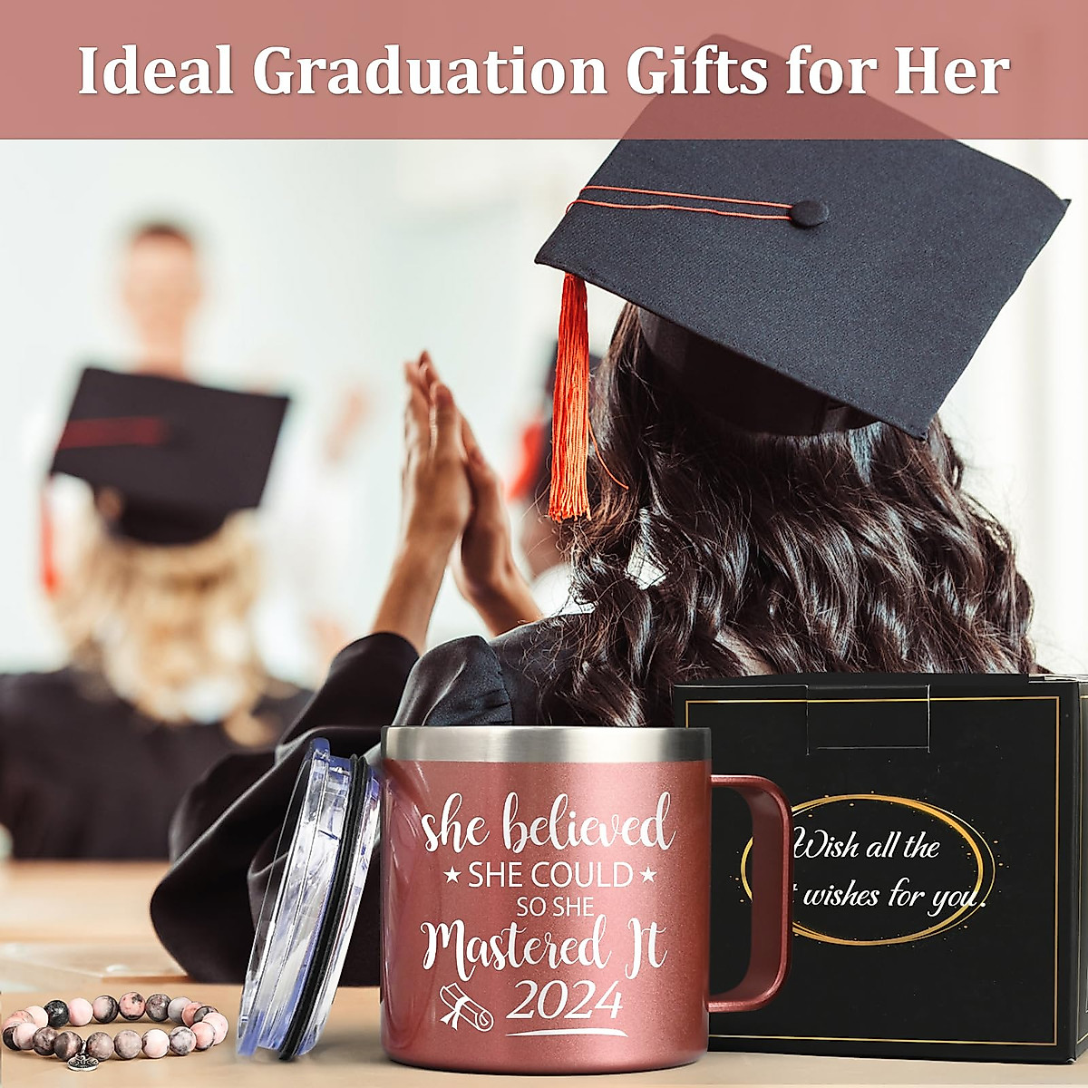 Lifecapido Graduation Gifts, Masters Degree Graduation Gifts, College Graduation Gifts for Her, Graduation Insulated Coffee Mug with Lid, Inspirational Gifts for Women Sister Friends, 14OZ Rose Gold