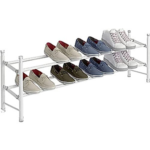 BNMGH 2-Tier Expandable Shoe Rack for Closet, Stainless Steel Freestanding Telescopic and Stackable Sturdy Durable 12-Pairs Storage Organizer Entryway Doorway 1pc (Silver)