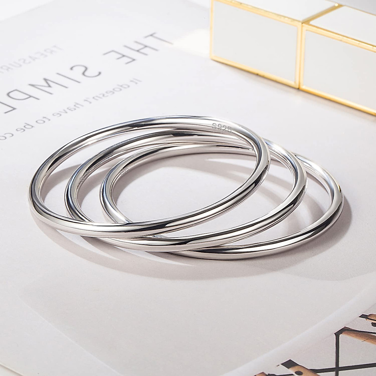 H&Beautimer Solid 925 Sterling Silver Italian Handmade Minimalist 4MM Bracelet for Women's Charm Jewelry 60-65MM Bangle 1/2/3 Set Birthday Gift (3set, 60MM)