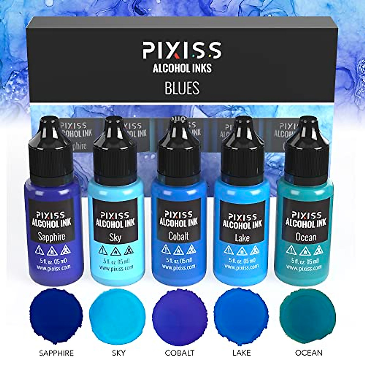 Pixiss Blue Alcohol Inks Set, 5 Shades of Highly Saturated Blue Alcohol Ink, for Resin Petri Dishes, Alcohol Ink Paper, Tumblers, Coasters, Resin Dye