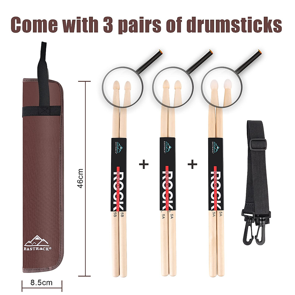 EASTROCK Drum Sticks Bag with 3 Pair Drumsticks, Drumstick Bag with Floor Tom Hook, Carrying Strap (Brown)