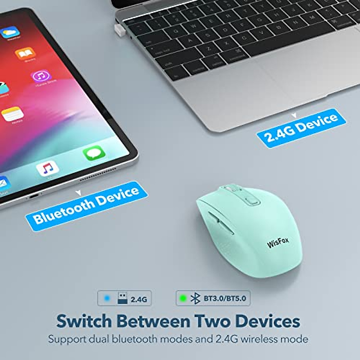 WisFox Bluetooth Mouse, Silent Wireless Mouse Come with 2 Modes (Bluetooth 3.0/5.0 + USB), Multi-Device Portable Cordless Mouse for Laptop, iPad, MacOS, PC, Windows, Android (Mint Green)
