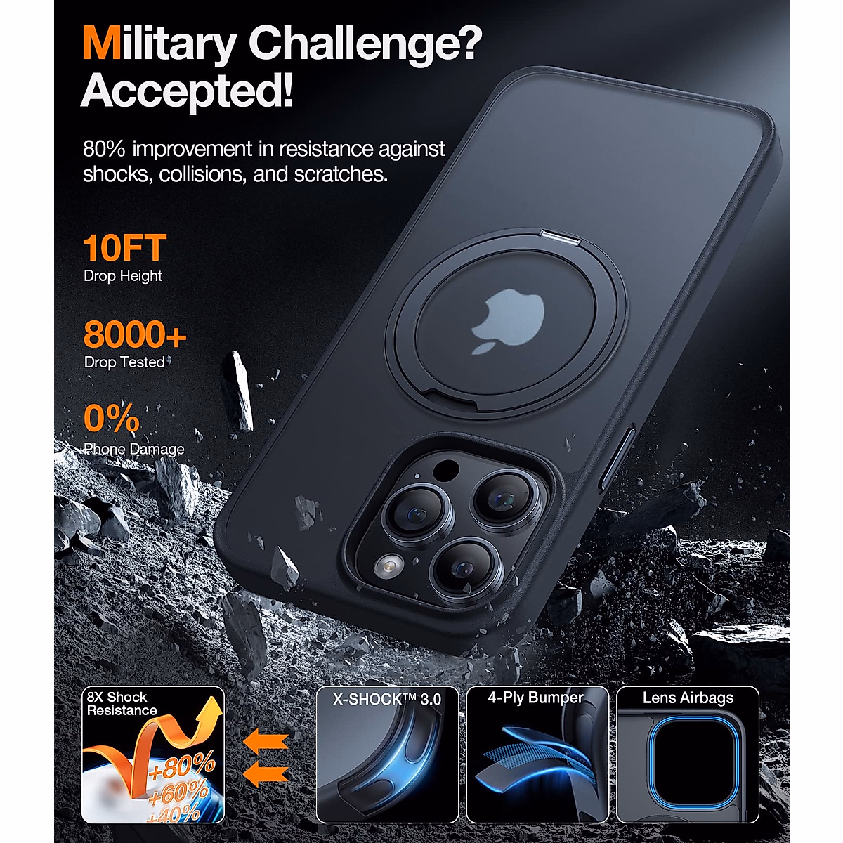 TORRAS 360°Rotatable Ring for iPhone 13 Pro Max Case [Compatible with Magsafe] with Stand, Magnetic Ring Holder Military Grade Shockproof Translucent Back Slim Fit Phone Case UPRO Ostand Pro, Black