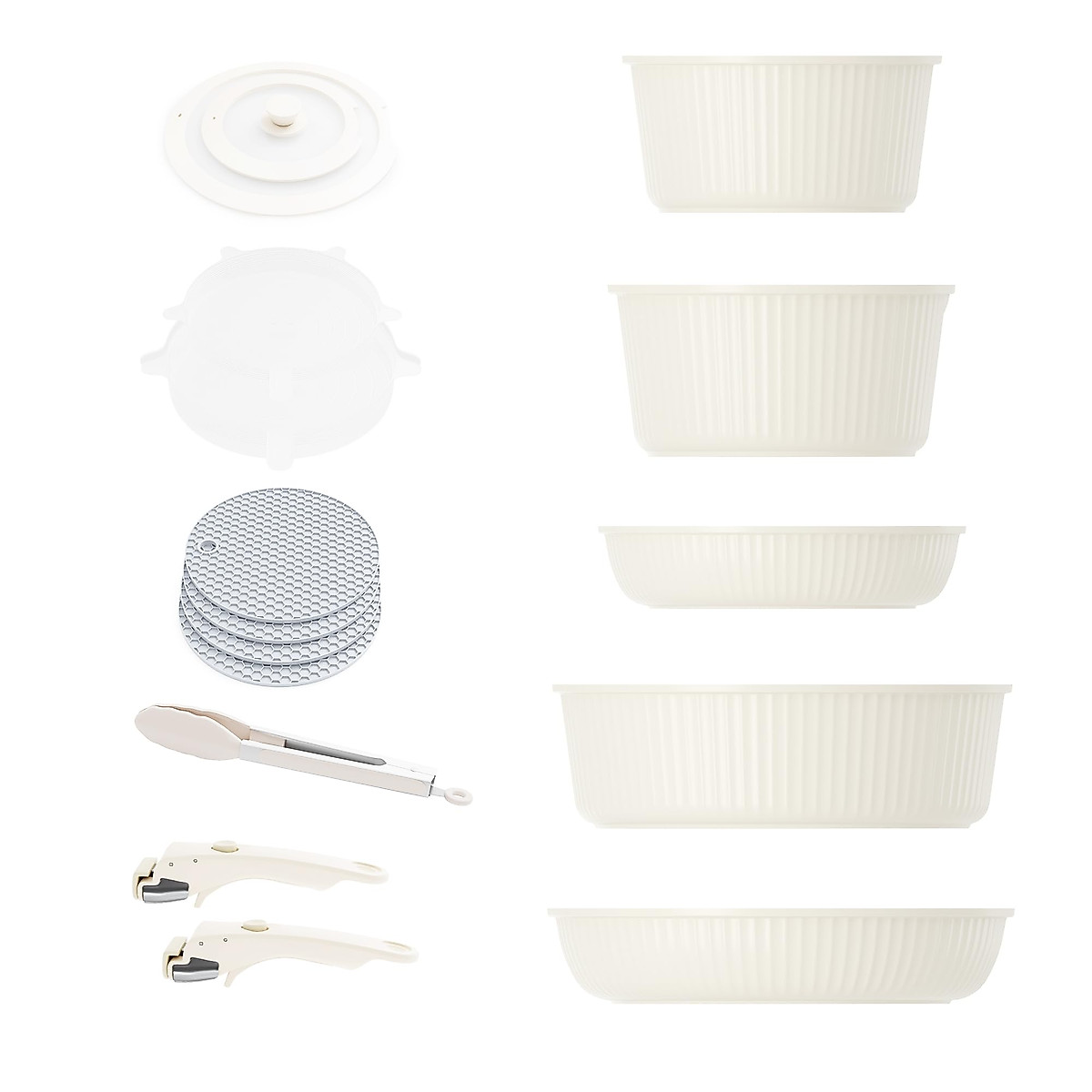 Caannasweis Detachable Nonstick Cookware Set - Stackable Induction Pots and Pans With Removable Handles, Dishwasher Safe - For RV Camping, Oven and Stovetop Use, 5 Pieces (Cream)