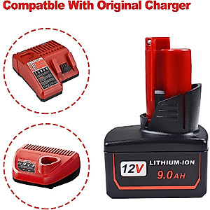 CHAUNVEN Battery 12V 9.0Ah M12 Battery Replacement for Milwaukee M12 Battery 48-11-2440 48-11-2402 48-11-2411 fit M12 12-Volt Cordless Tools 2 Pack