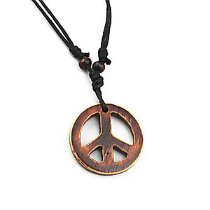 COLORFUL BLING Handmade Adjustable Love Peace Sign Hippie Pendant Necklace Vintage Rope Chain Resin Weave Jewelry-Brown