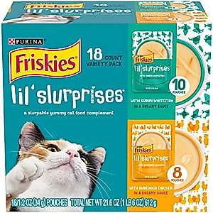 Purina Friskies Cat Food Complement Variety Pack, Lil’ Slurprises Shredded Chicken & Surimi Whitefish - (18) 1.2 oz. Pouches
