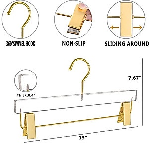 Besser 10Pack Gold Acrylic Hangers,Clear Hangers with Gold Hooks,Luxurious Skirt Pants Hangers Gold Clips for Clothing Closet Storage