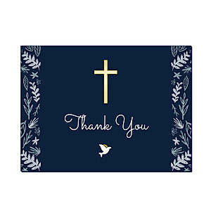 Elcer 20 Christian Thank You Cards Religious Catholic acknowledgment Notes Navy Blue & Gold Holy Communion Baptism Confirmation Christening Reconciliation Funeral with envelopes 8x5.5 (Navy Blue)