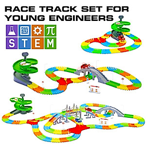 USA Toyz Large Glow Trax Race Tracks for Kids- 380pc Glow in The Dark Race Car Track Set with 360pk Rainbow Flexible Tracks, Roundabout Ramp, Bridges, Ramps, 2 Toy Cars, STEM Toys for Boys and Girls