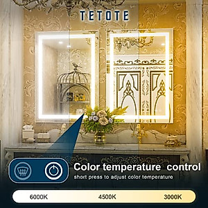 TETOTE 20 x 28 LED Bathroom Mirror with Lights White/Warm/Natural,Dimmable,CRI90,IP54 Waterproof,Wall Mounted,Anti-Fog,Vanity Mirror(Horizontal/Vertical)