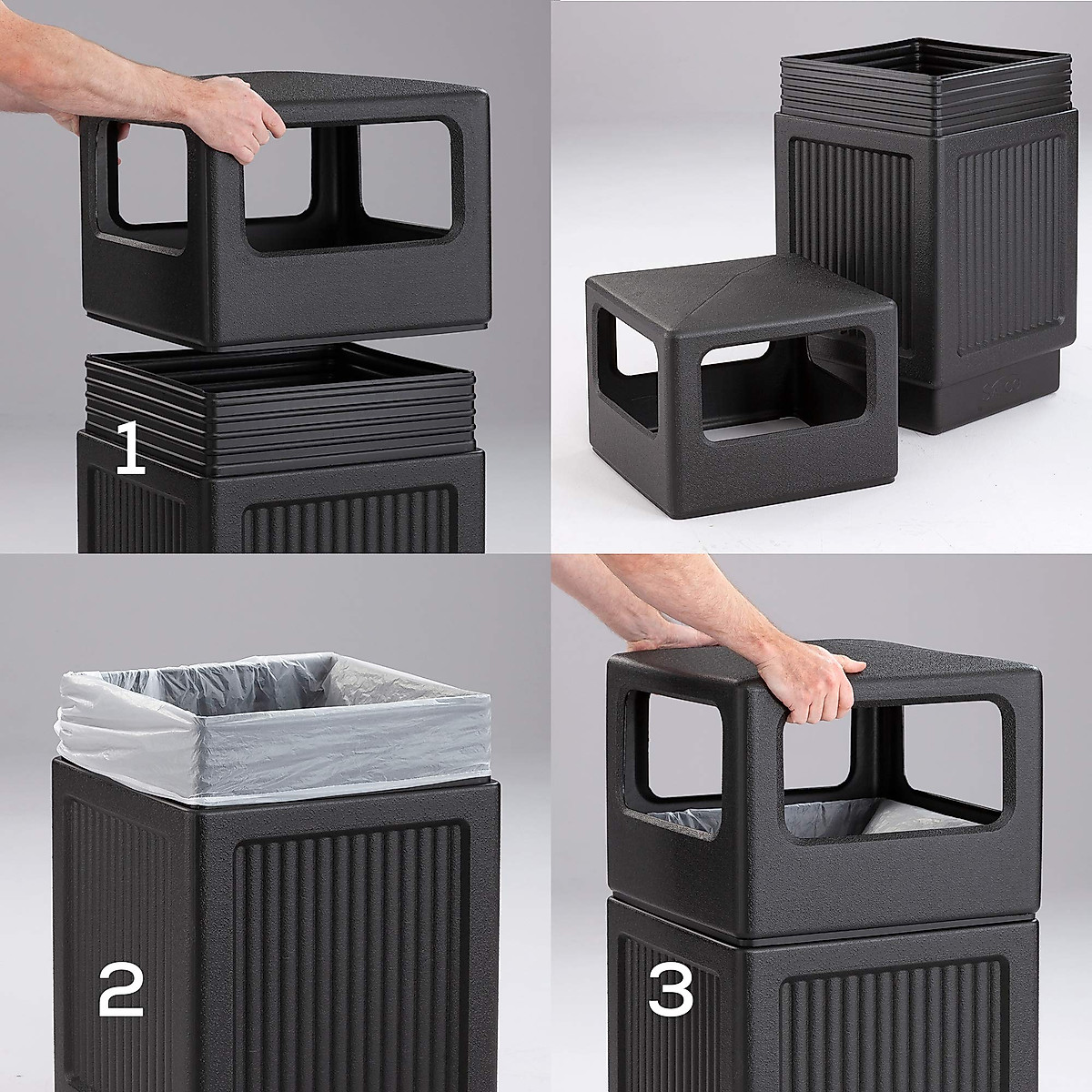 Safco Products Canmeleon Outdoor/Indoor Recessed Panel Trash/Garbage Can 9476BL; Black; Decorative Fluted Panels; 38-Gallon Capacity