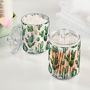 BOENLE 2 Pack Qtip Holder Dispenser Green Cactus Succulents Flowers Storage Canister Bathroom Apothecary Jars Acrylic Plastic Vanity Organizer Lid for Cotton Swab/Ball/Pad