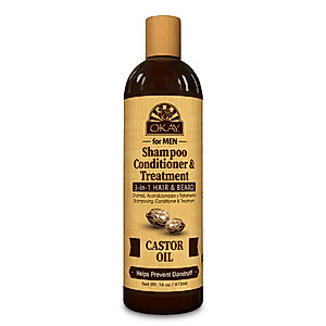 OKAY-MEN 3 in 1 Shampoo and Conditioner - Castor Oil Shampoo and Conditioner, Beard Wash, Clarifying Treatment for Dry Damaged Hair, Dandruff, Curly Hair - 16 Fl Oz (Pack of 1)