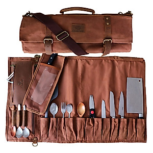 Leather Knife Roll Chef Bag Knife Storage Roll Bag 12 Dedicated Slots Interior Zipped Pocket Special Flap Pocket for Cleaver Portable Knife Bag Case Storage