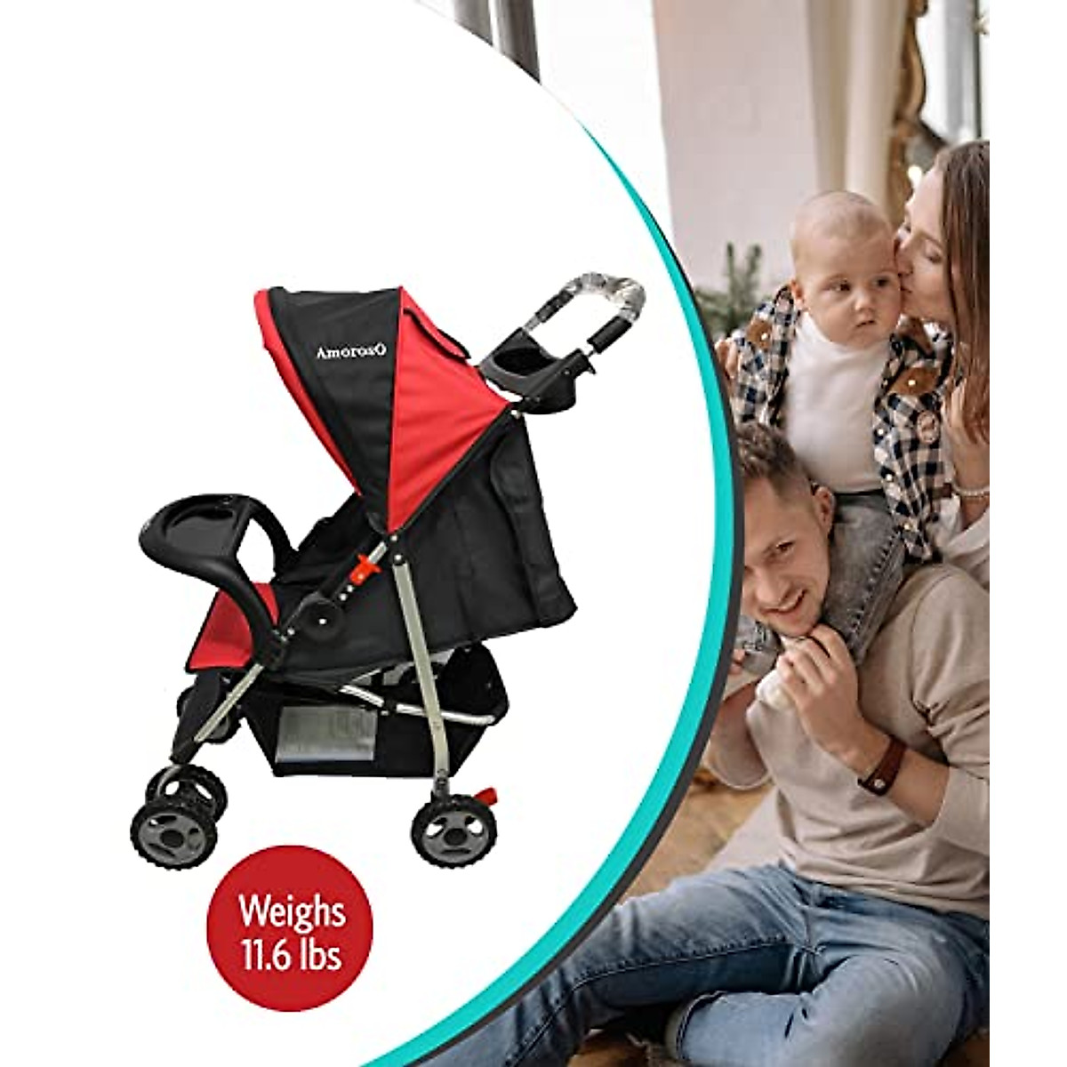 AmorosO Single Stroller - Baby Stroller with Four Wheels - Lightweight Stroller - Convertible Stroller with Extra Storage Space - Foldable Stroller with Sun Protection Hood Cover Red