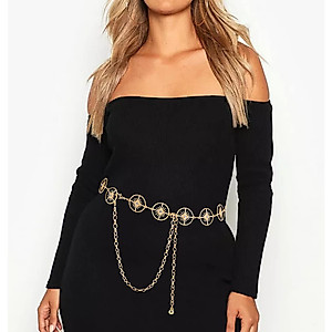 Glamorstar Chain Belts for Women Hollow Metal Waist Chain Belts Dress Belt for Her Circle Crystal Compass Gold 150CM