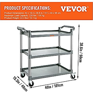 VEVOR Utility Service Cart, 3 Shelf Heavy Duty 220LBS Food Service Cart, Rolling Utility Cart with Lockable Wheels, 40" x 19.3" x 38.6" Plastic Utility Cart for Kitchen Office Restaurant Home, Grey
