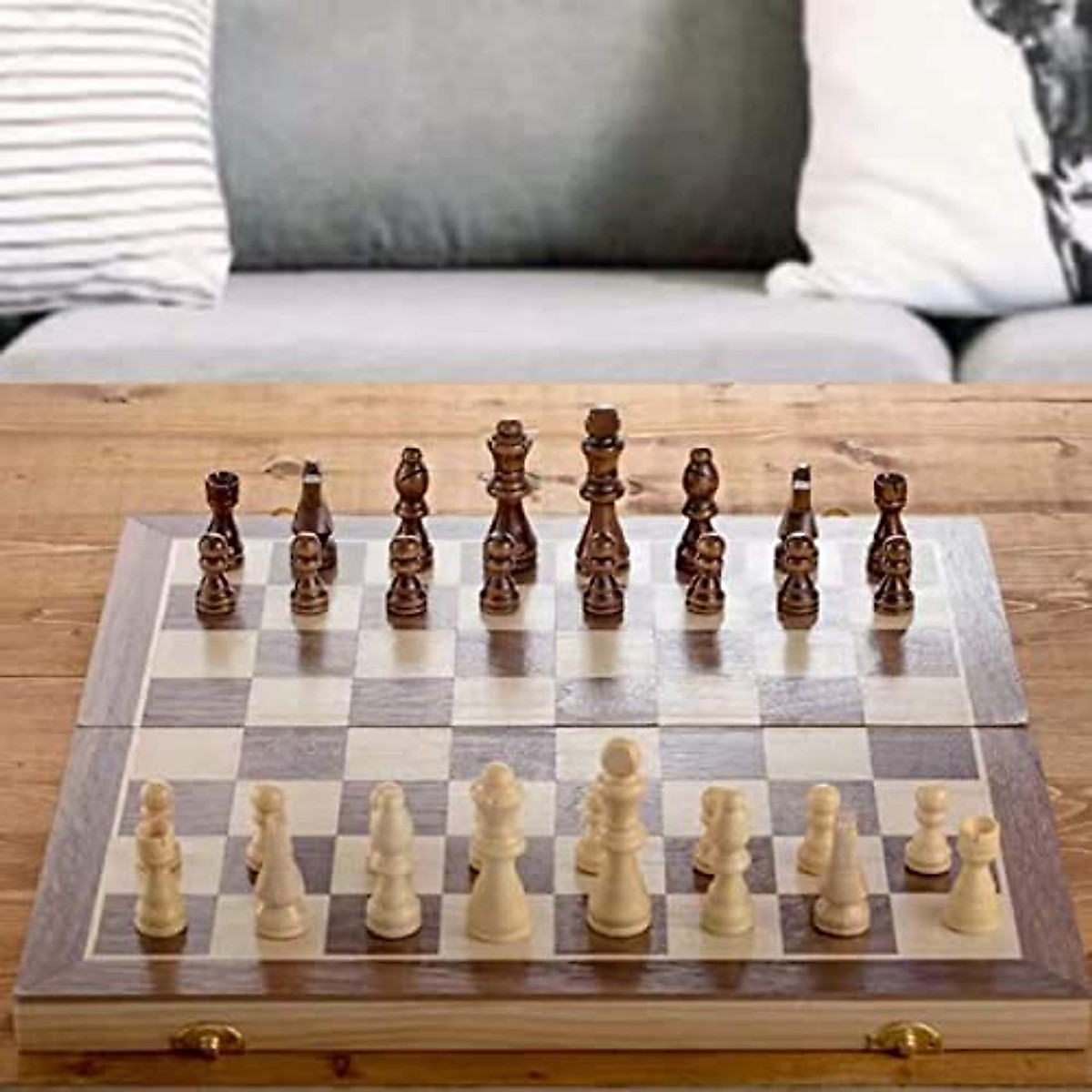 15'' Magnetic Wooden Chess Set Folding Board, Handmade Portable Travel Chess Board Game Sets with Game Pieces Storage Slots Beginner Chess Set for Kids and Adults - 2 Extra Queens