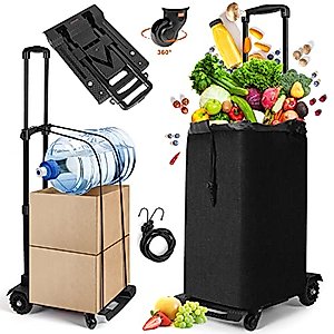 SELORSS 2-in-1 Foldable Hand Truck Utility Cart, Portable Grocery Shopping Cart with Wheels and Removable Waterproof Bag, Collapsible Lightweight Large Capacity for Supermarket, Laundry, Camping