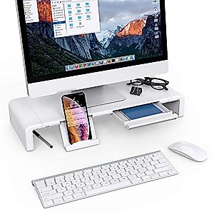 Monitor Stand Riser, Klearlook Foldable Computer Monitor Stand, Adjustable Computer Stand Desk Organizer with Storage Drawer, Tablet Phone Stand for Laptop PC Printer (White)