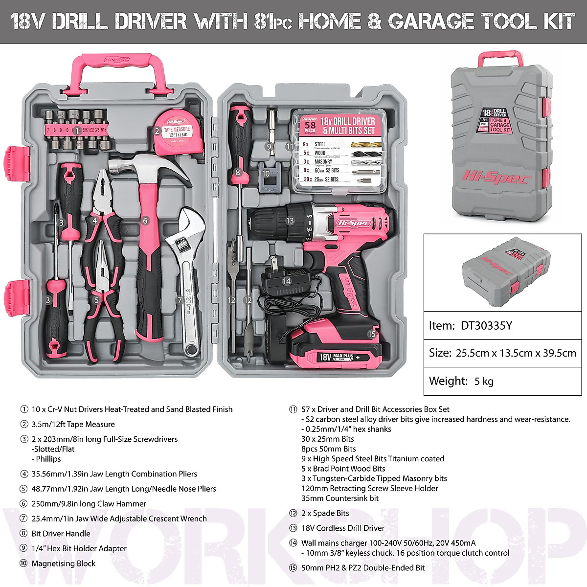 Hi-Spec 81pc 18V Cordless Drill Driver and Home Tool Kit in a Tool Storage Case