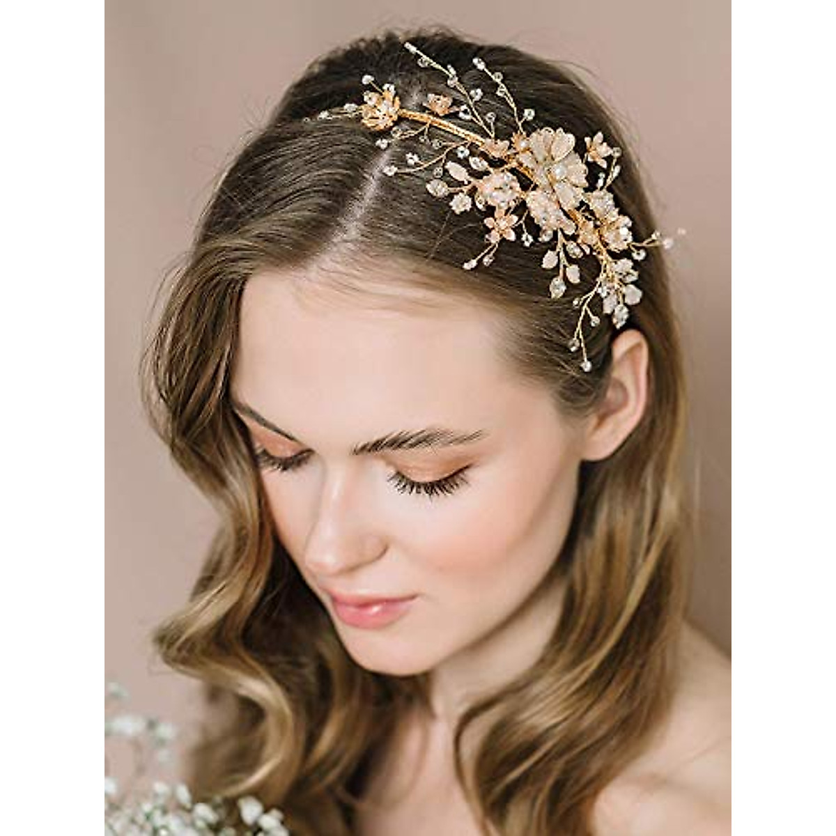 SWEETV Flower-Leaf Bridal Headband Gold Crystal Tiara for Women Pearl Wedding Headpieces for Bride Hair Accessories for Prom Birthday Party